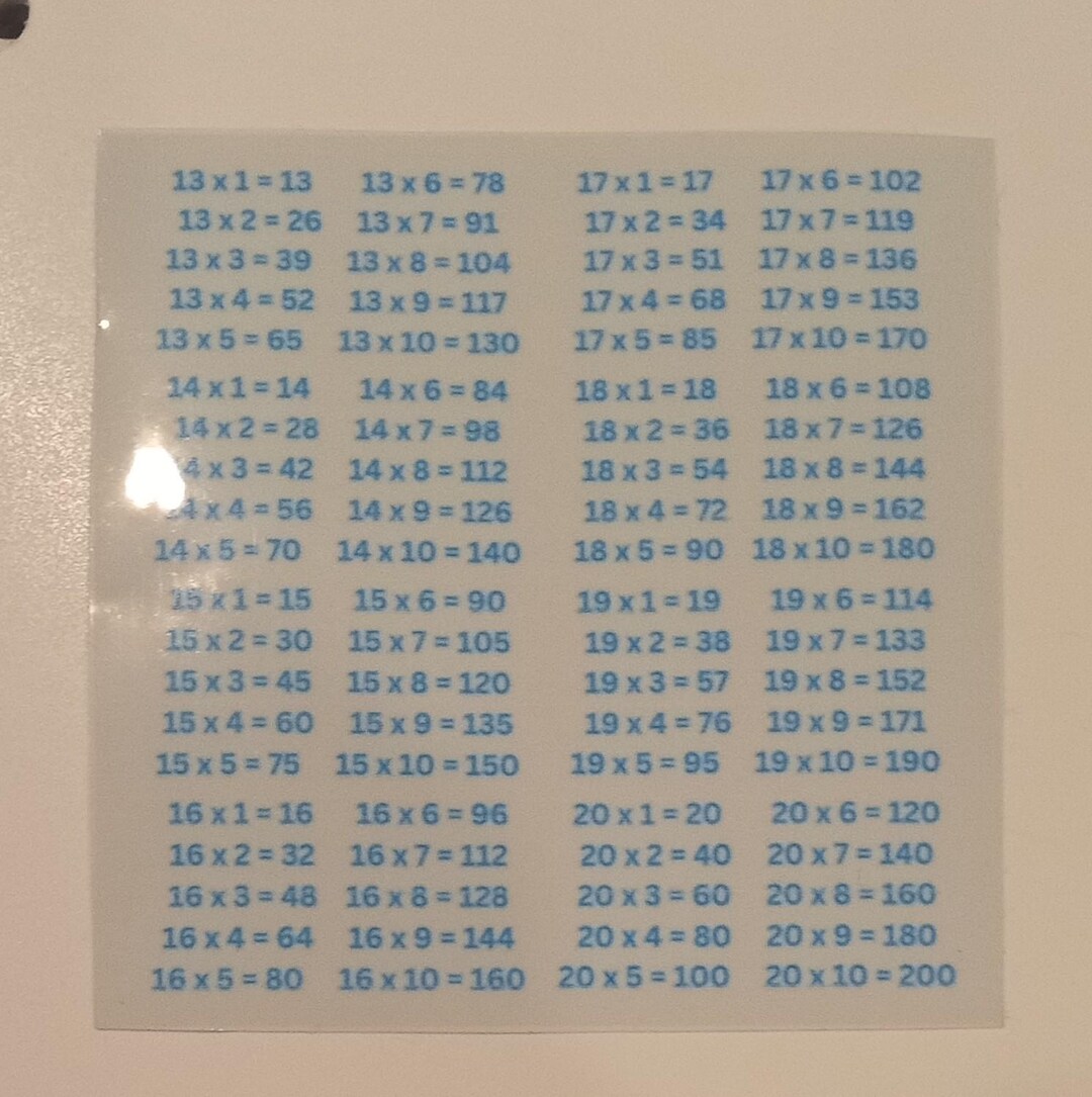 13-20 STICKER Multiplication Chart Notebooks Laptops Tablets Cars ...