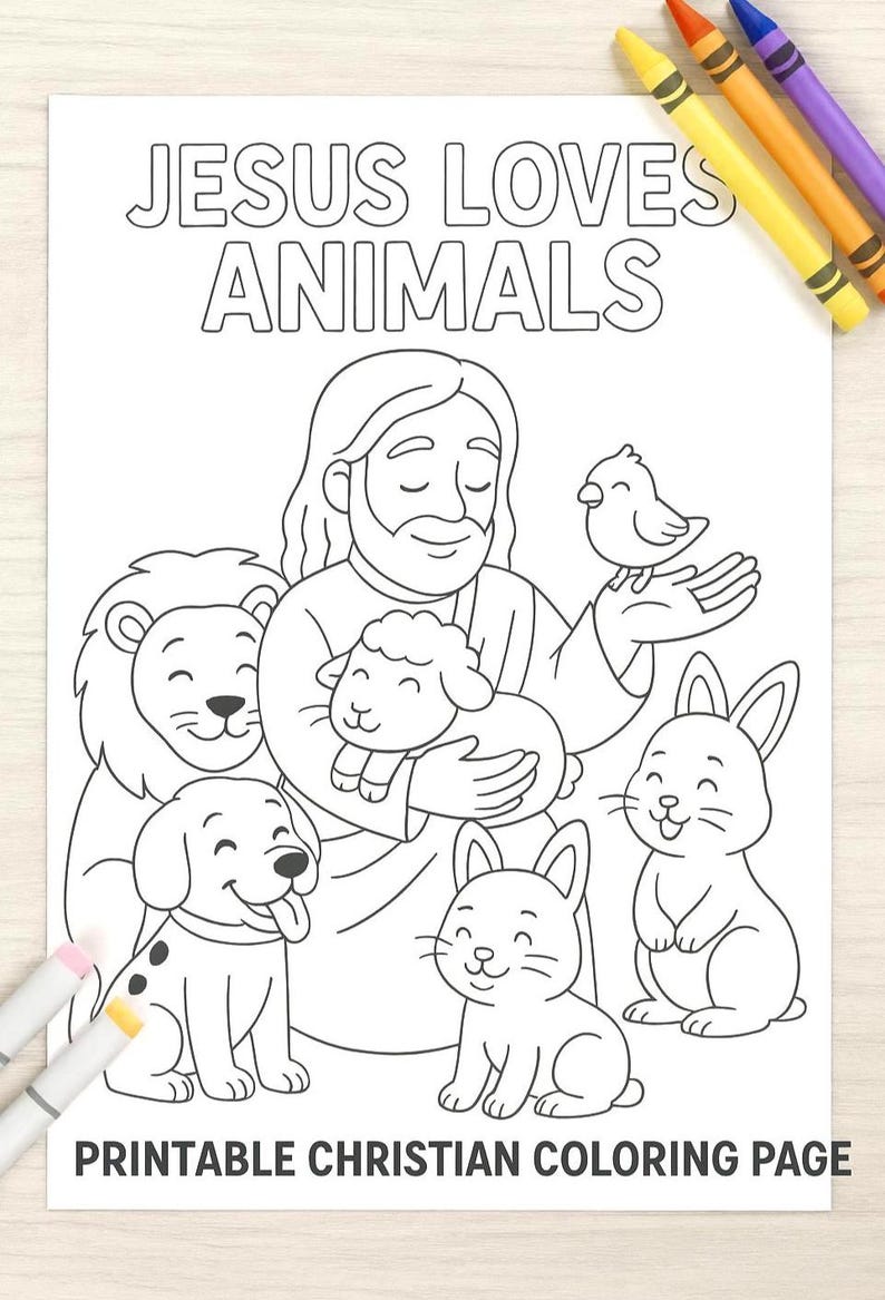 Christian Coloring Page – Printable “jesus Loves Animals”– Faith-based ...