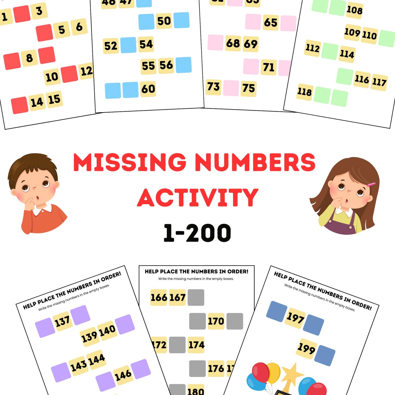 Missing Numbers 1-200 Worksheets Printable - Preschool Kindergarten ...