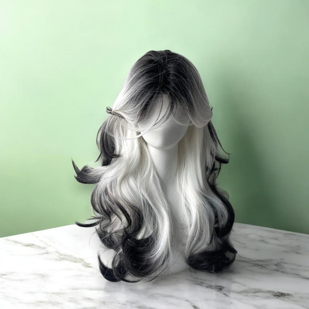 Long Wavy Wig for Women, Two Color Curly Wig With Bangs, Synthetic Wig ...