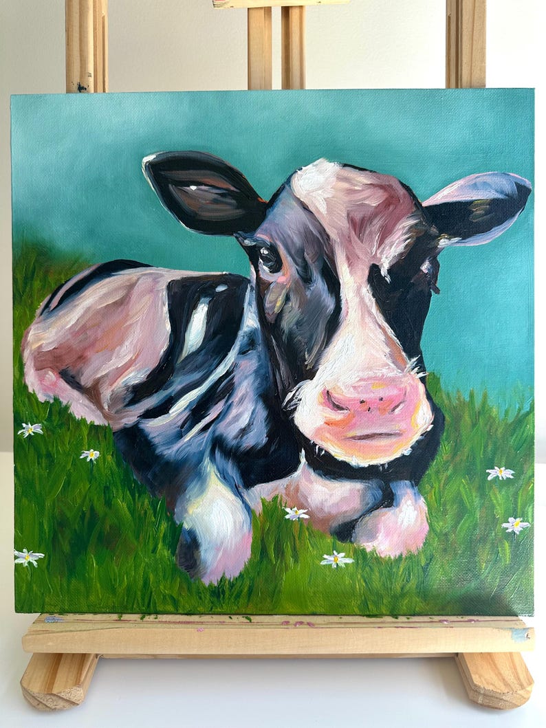 Original Cow Oil Painting, Baby Calf Art Farm Animal Painting ...