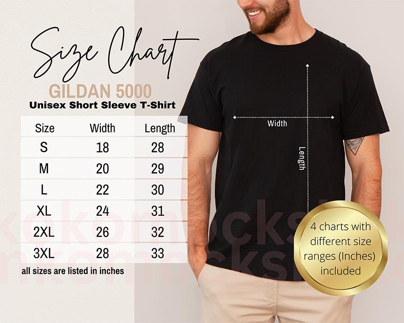 Gildan 5000 Size Chart | Male Model Sizing Chart Mockup | Unisex Tee ...