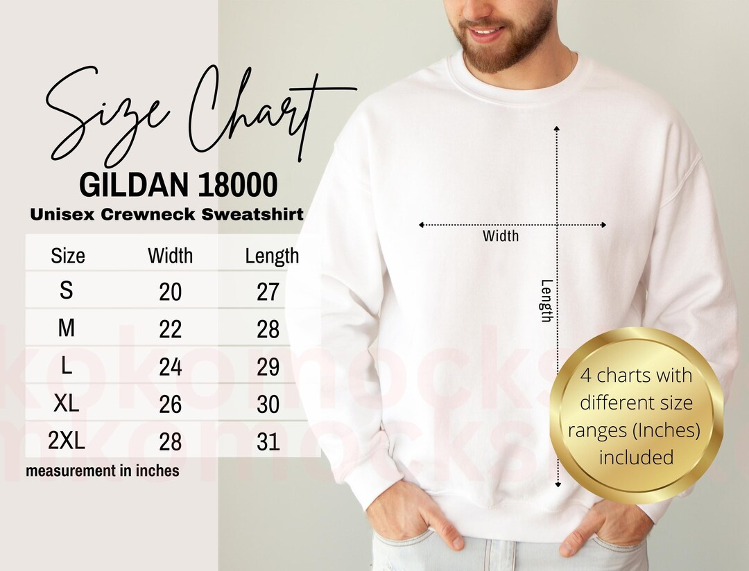 Gildan 18000 Size Chart | Male Model Sizing Chart Mock | Unisex ...
