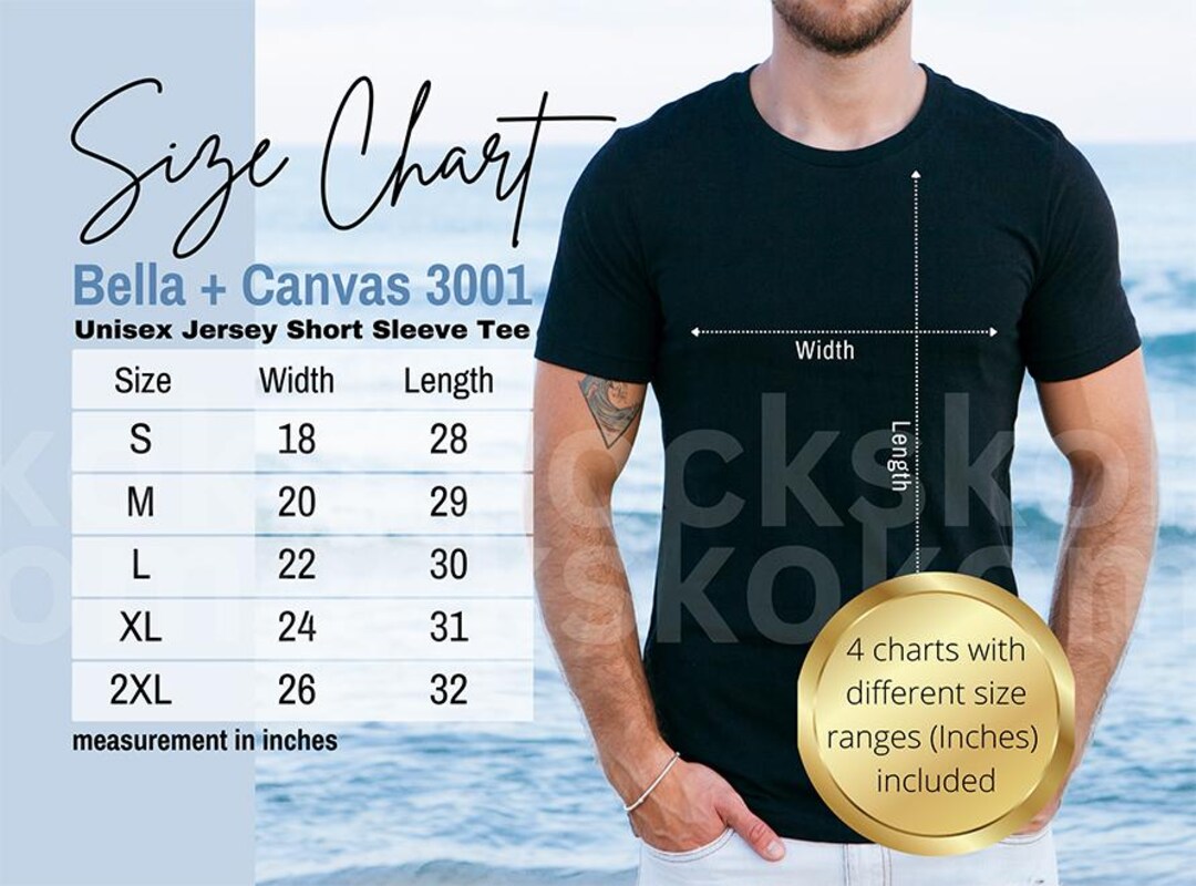 Bella Canvas 3001 Size Chart | Male Model Sizing Chart Mockup | Unisex ...