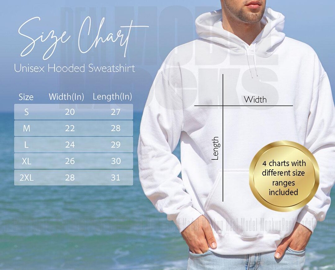 Gildan 18500 Size Chart | Male Model Sizing Chart Mockup | Unisex ...