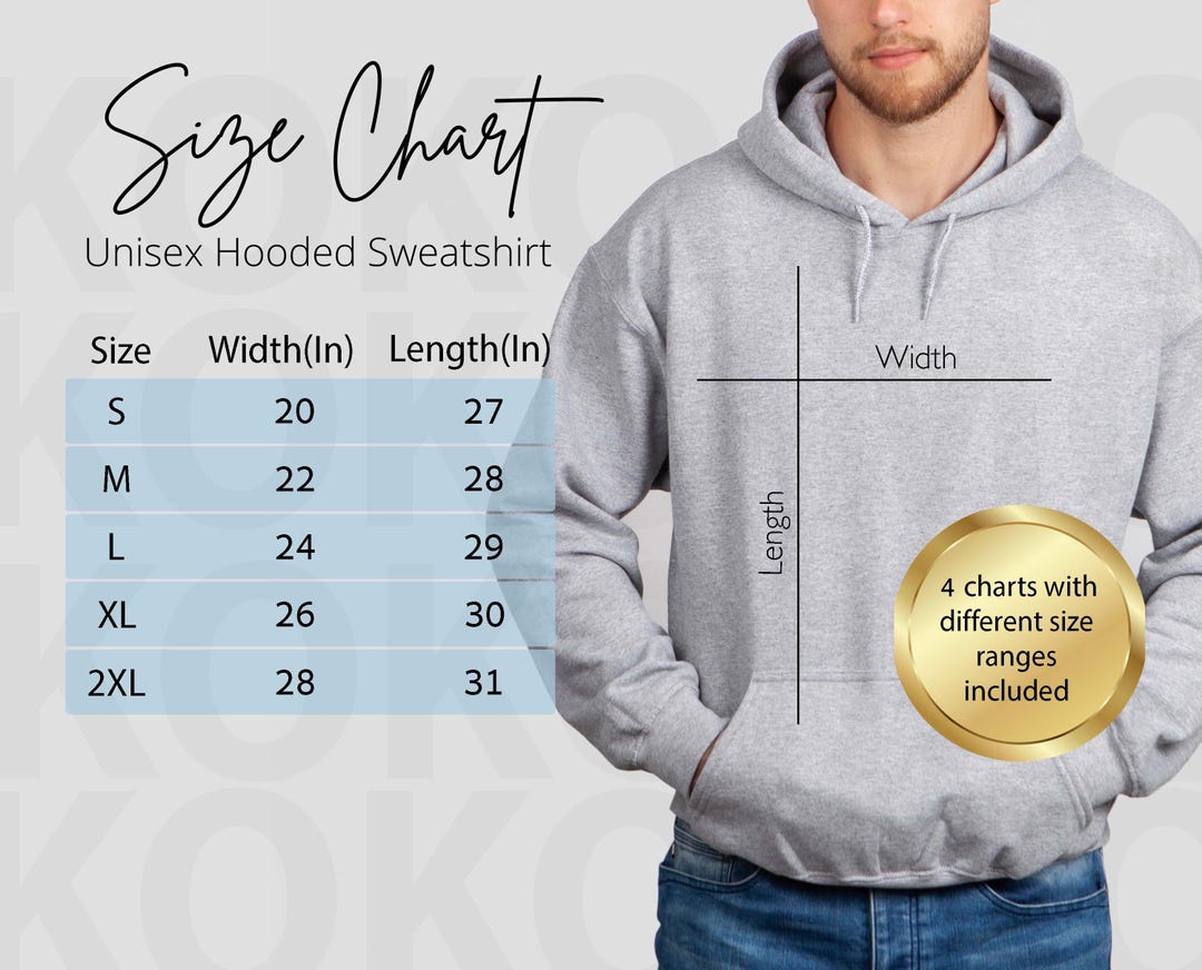 Gildan 18500 Size Chart | Male Model Sizing Chart Mockup | Unisex ...