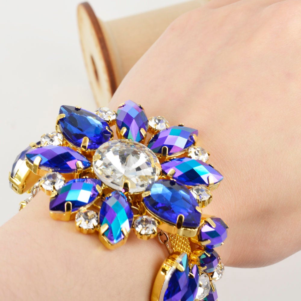Rhinestone Motif - Floral Crystal Applique - 05 Blue AB Gold - 7.5" X 2 ...