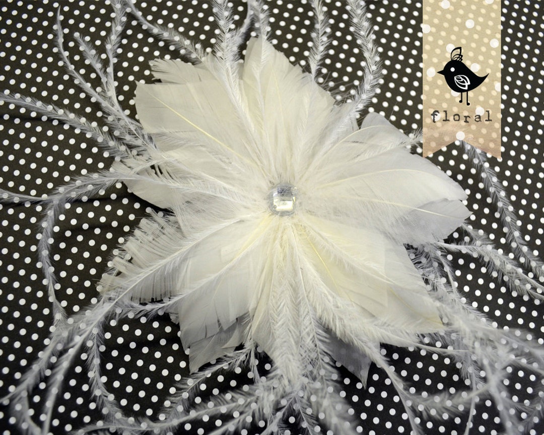 FEATHER FLOWER - White - Feather Fascinator With a Crystal Heart, Goose ...