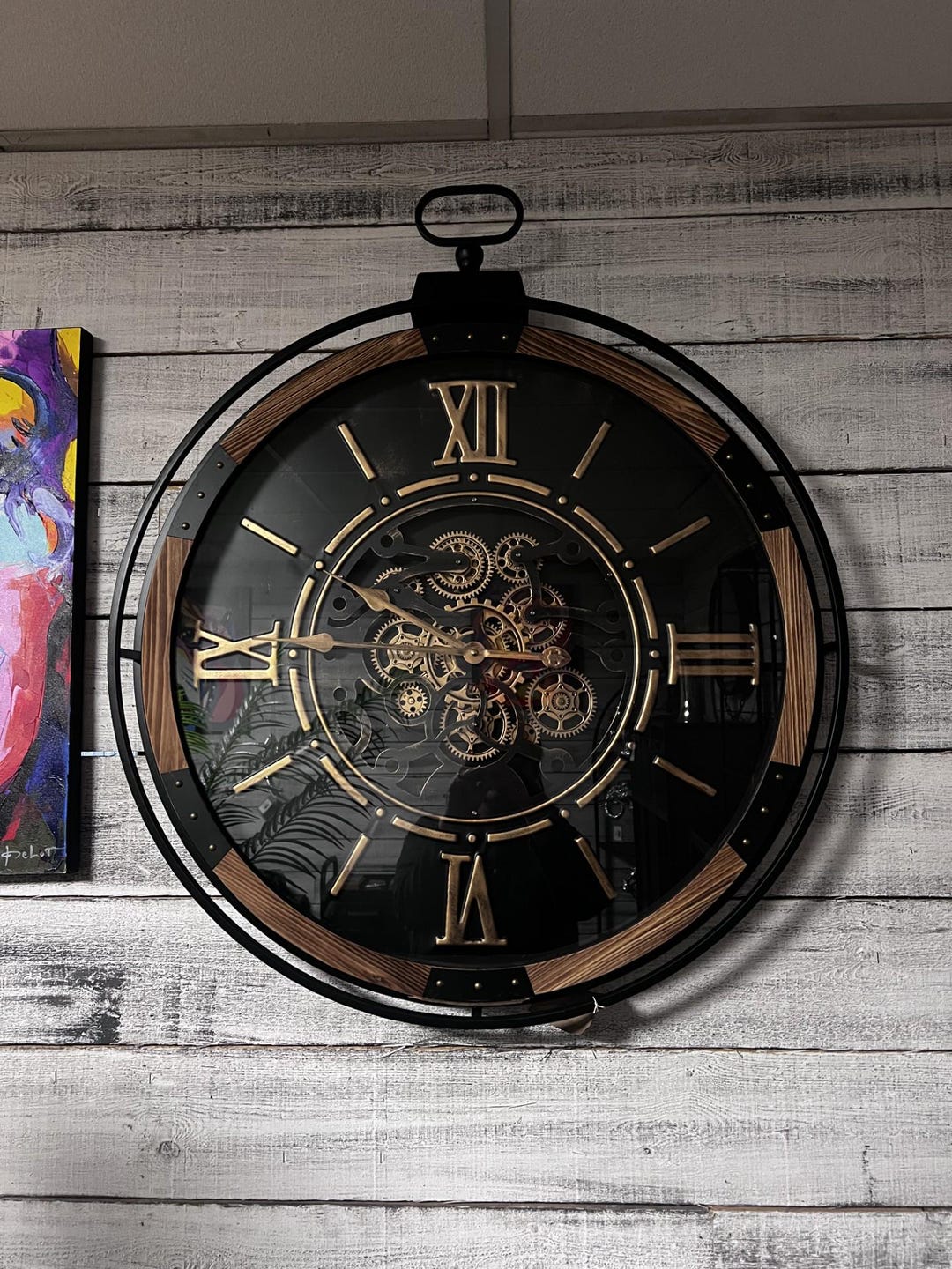 Large Wall Clock Moving Parts Cog Clock Wood Iron Frame Wall Decor ...