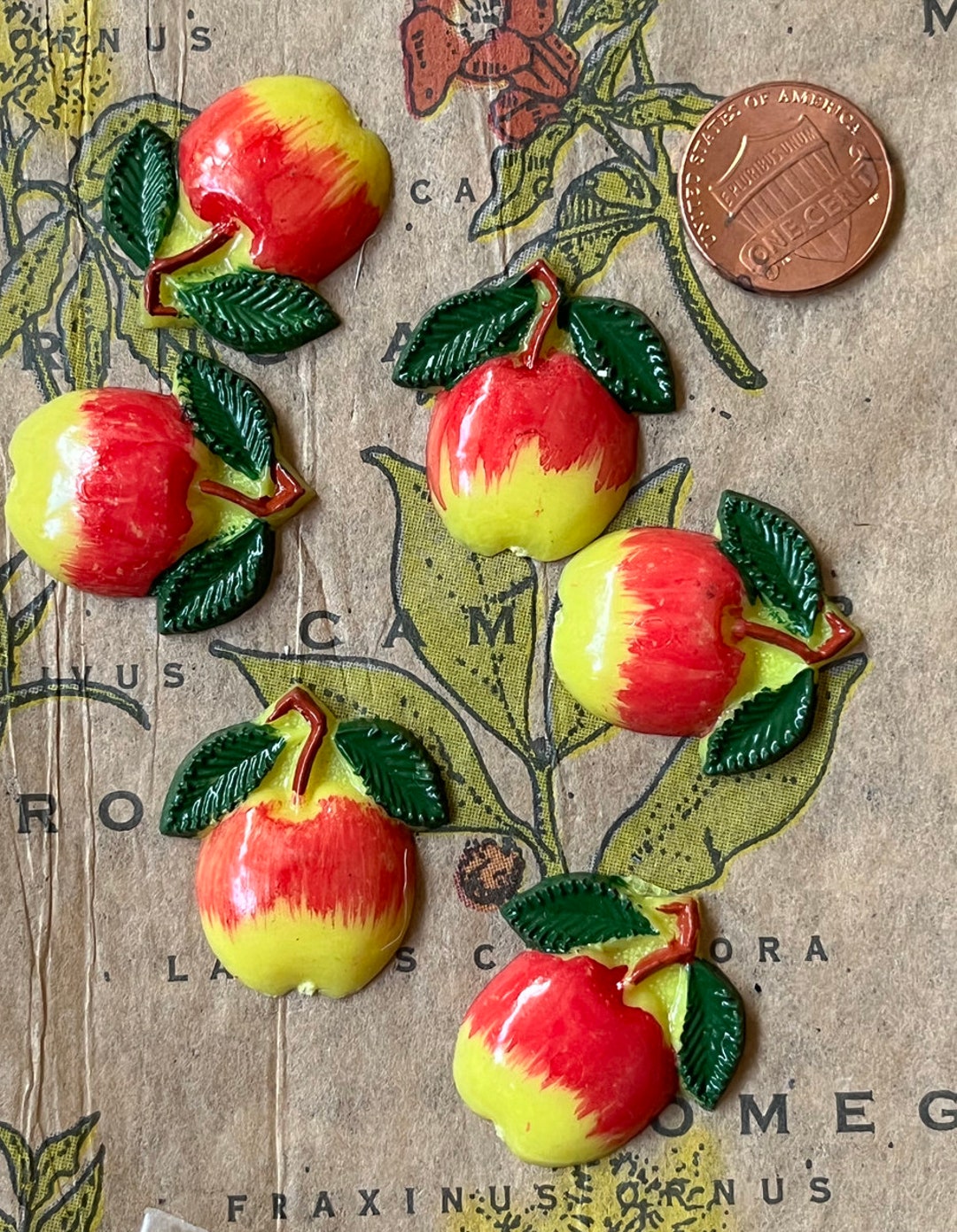 Vintage APPLES Charm Japan 1950's ACETATE Hand Painted 25mm - 6 PC - Etsy