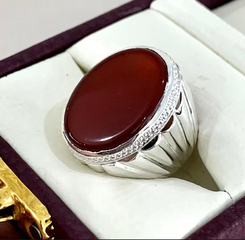 Yemeni Aqeeq Ring for Men, Natural Agate Rings, 925 Sterling Silver ...