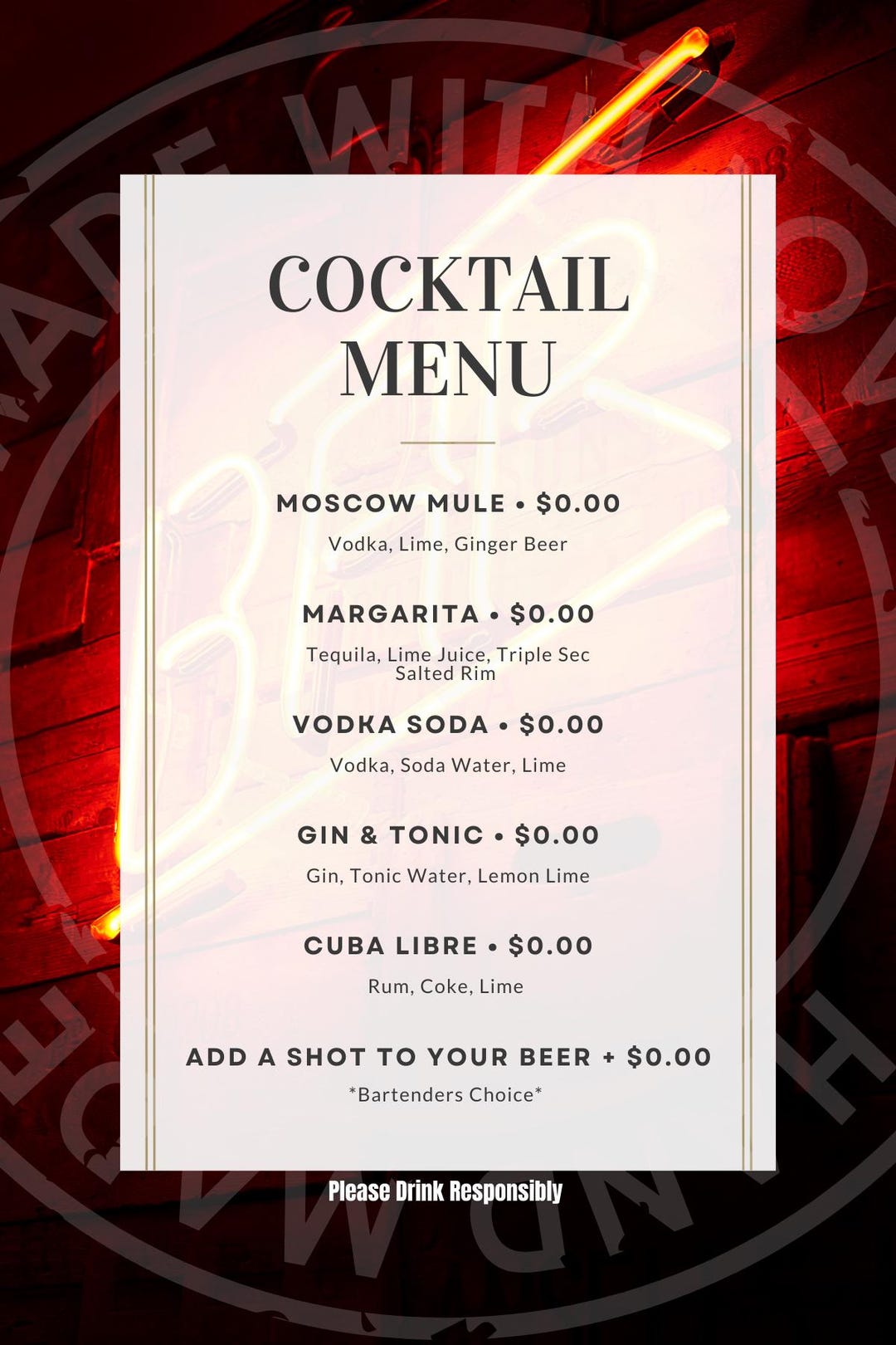 Modern Bar Menu Printable Customizable Drink Menus for Your Bar - Etsy