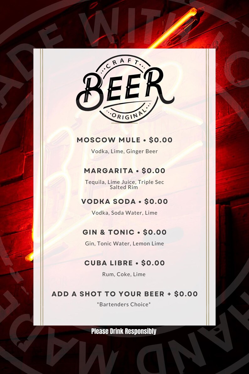 Modern Bar Menu Printable Customizable Drink Menus for Your Bar - Etsy