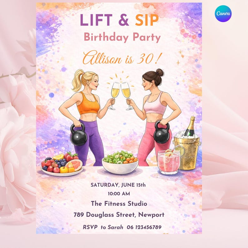 Fitness Birthday Invitation Women, Gym Party Invite, Workout Birthday ...