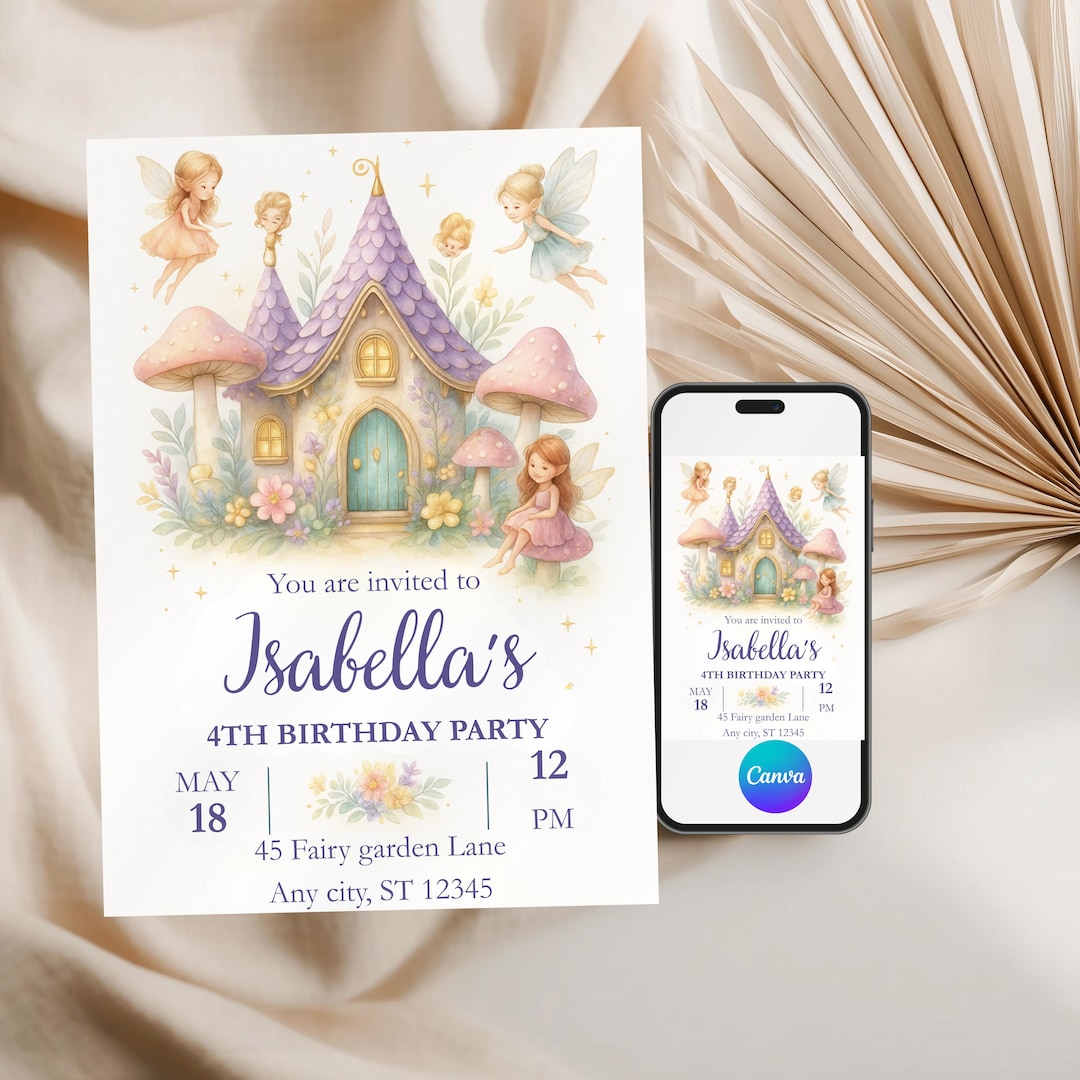 Fairy Birthday Invitation Girl, Editable Canva Template Bundle ...