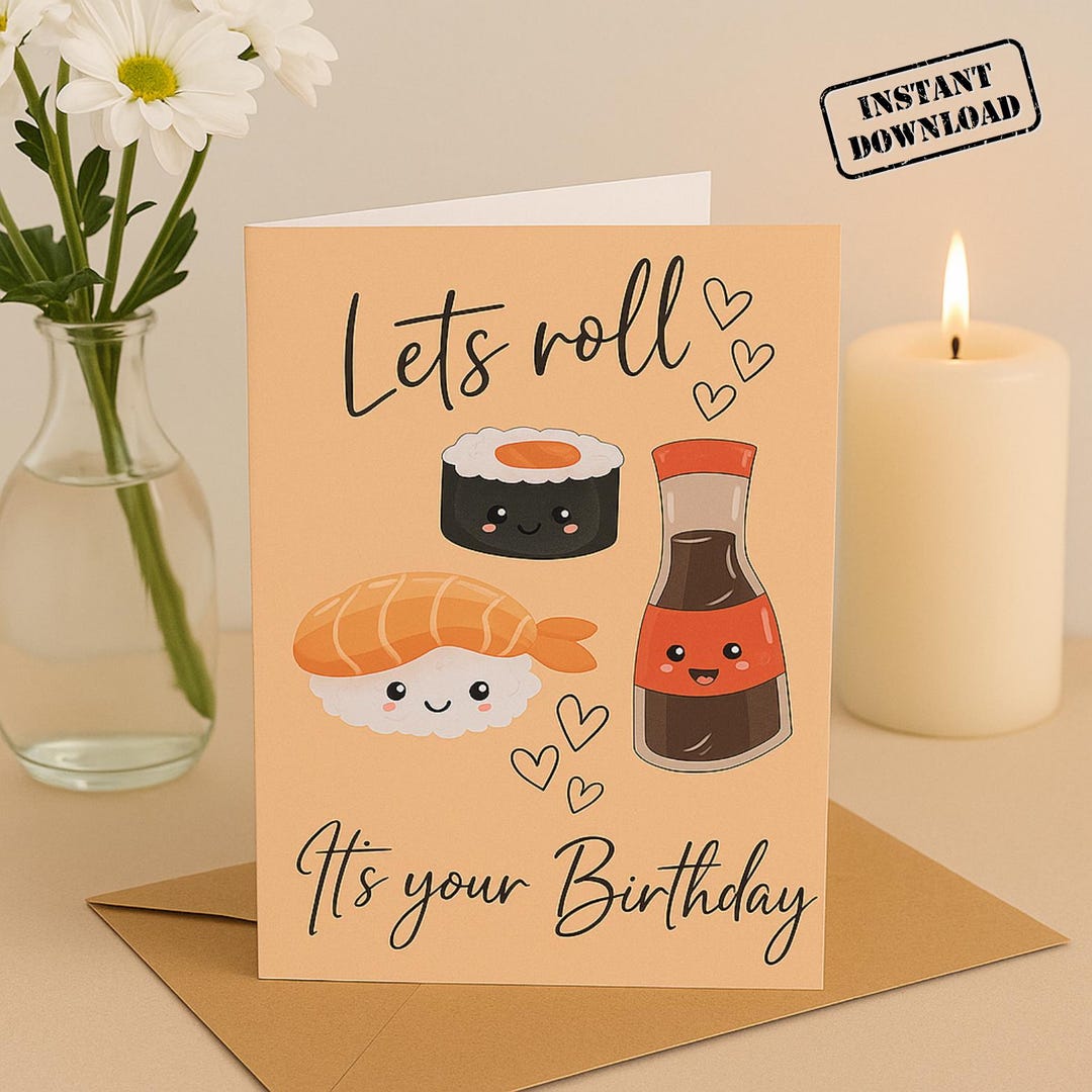 Printable Sushi Birthday Card - Cute Kawaii Japanese Food Greeting Card ...