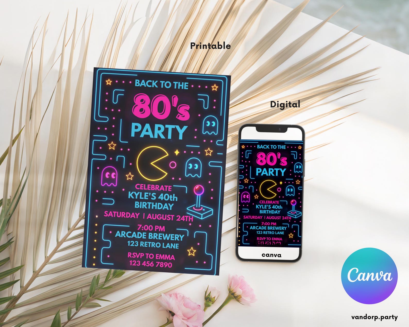 80s Party Invitation Retro Arcade Pacman Theme | Editable 5x7 Canva ...