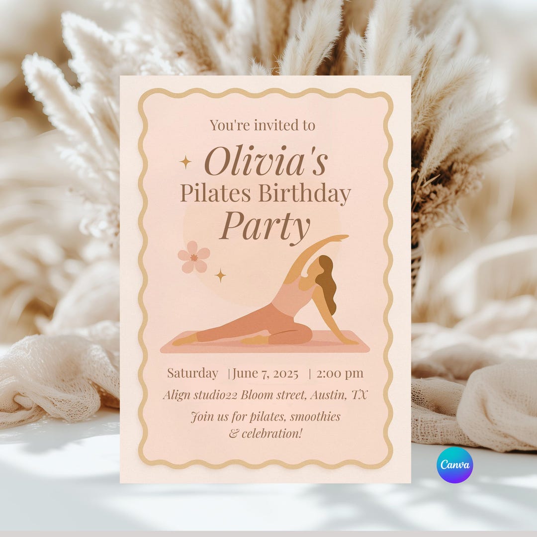 Pilates Birthday Invitation | Pink Boho Yoga Party | Editable Canva ...