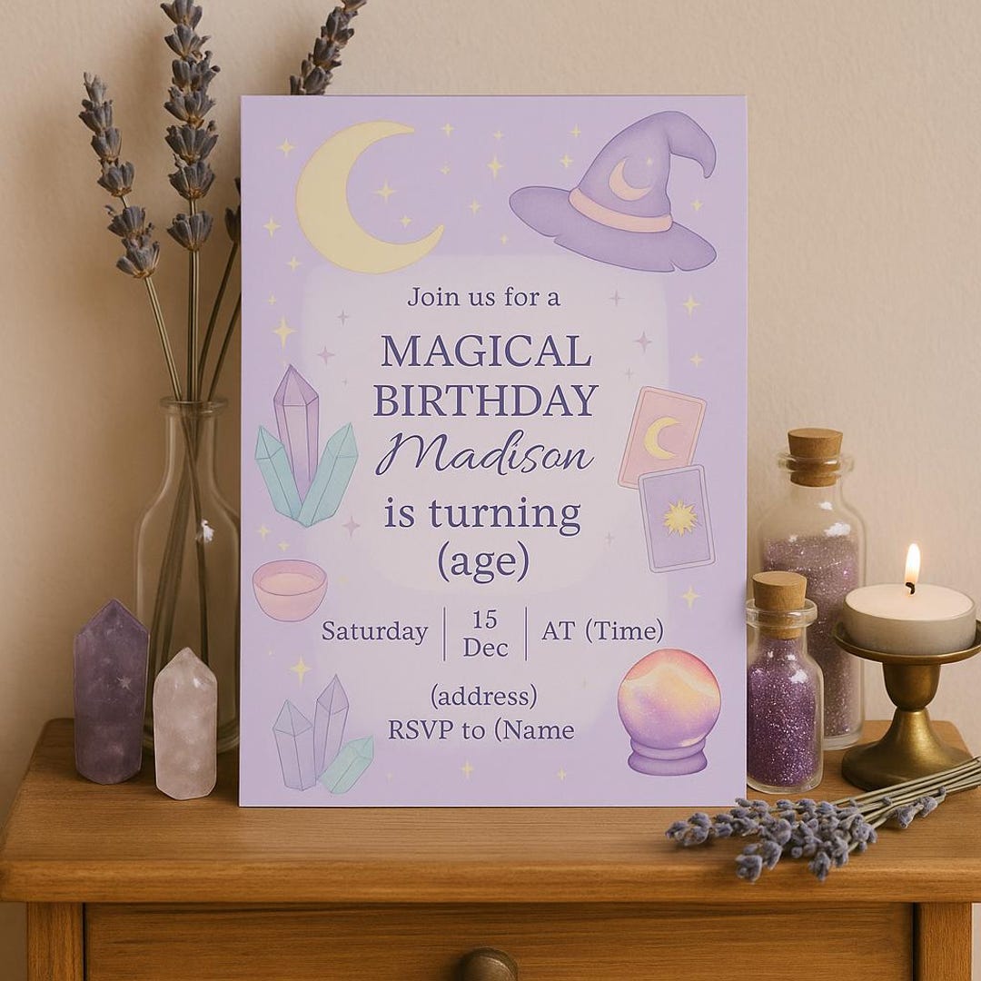 Witchy Birthday Invitation | Moon & Crystal Theme | Editable Canva ...