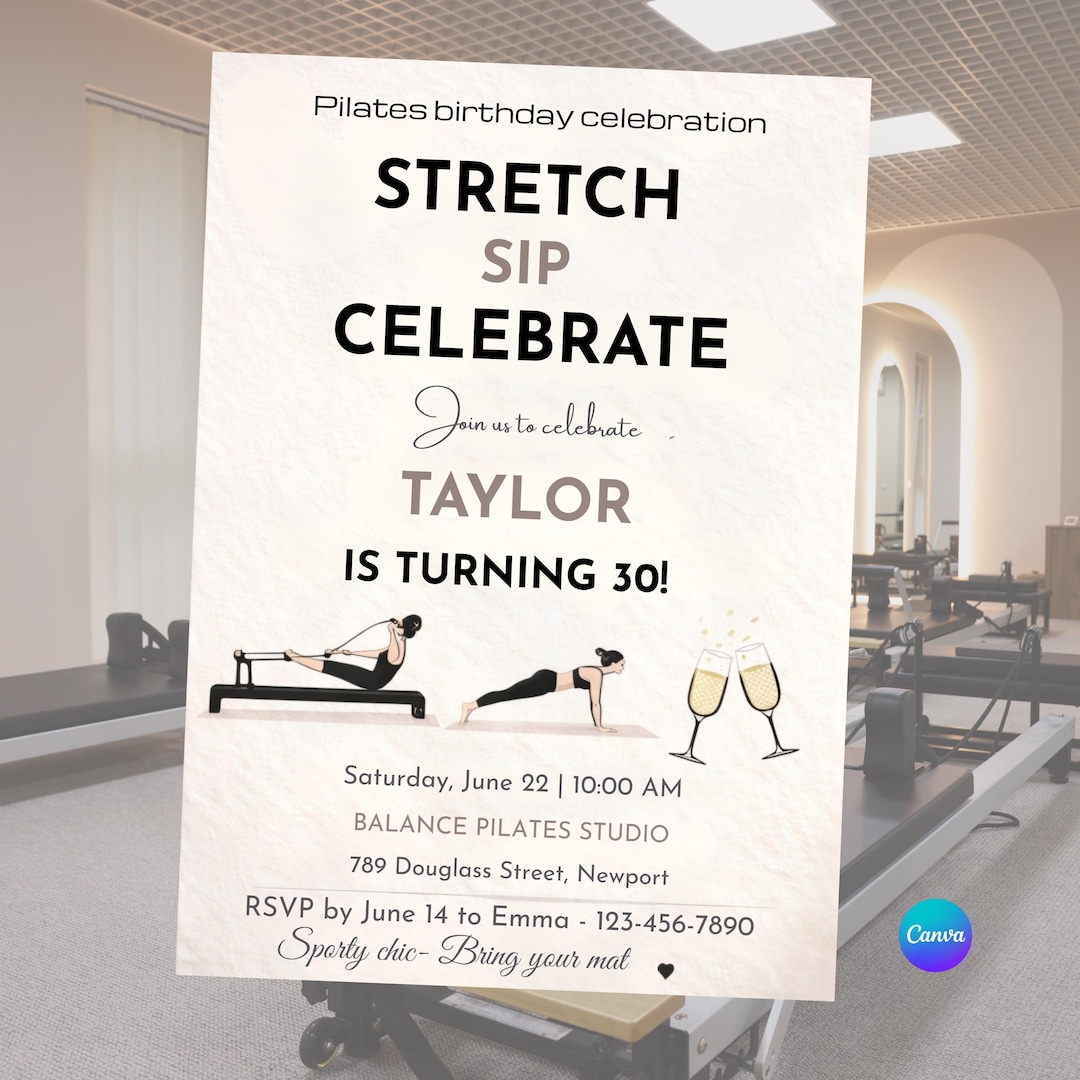 Pilates Birthday Invitation, Stretch Sip Celebrate Editable Canva ...