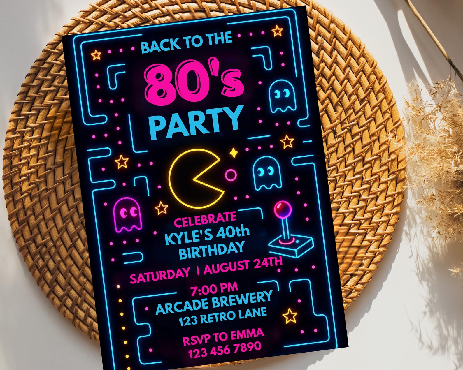 80s Party Invitation Retro Arcade Pacman Theme | Editable 5x7 Canva ...