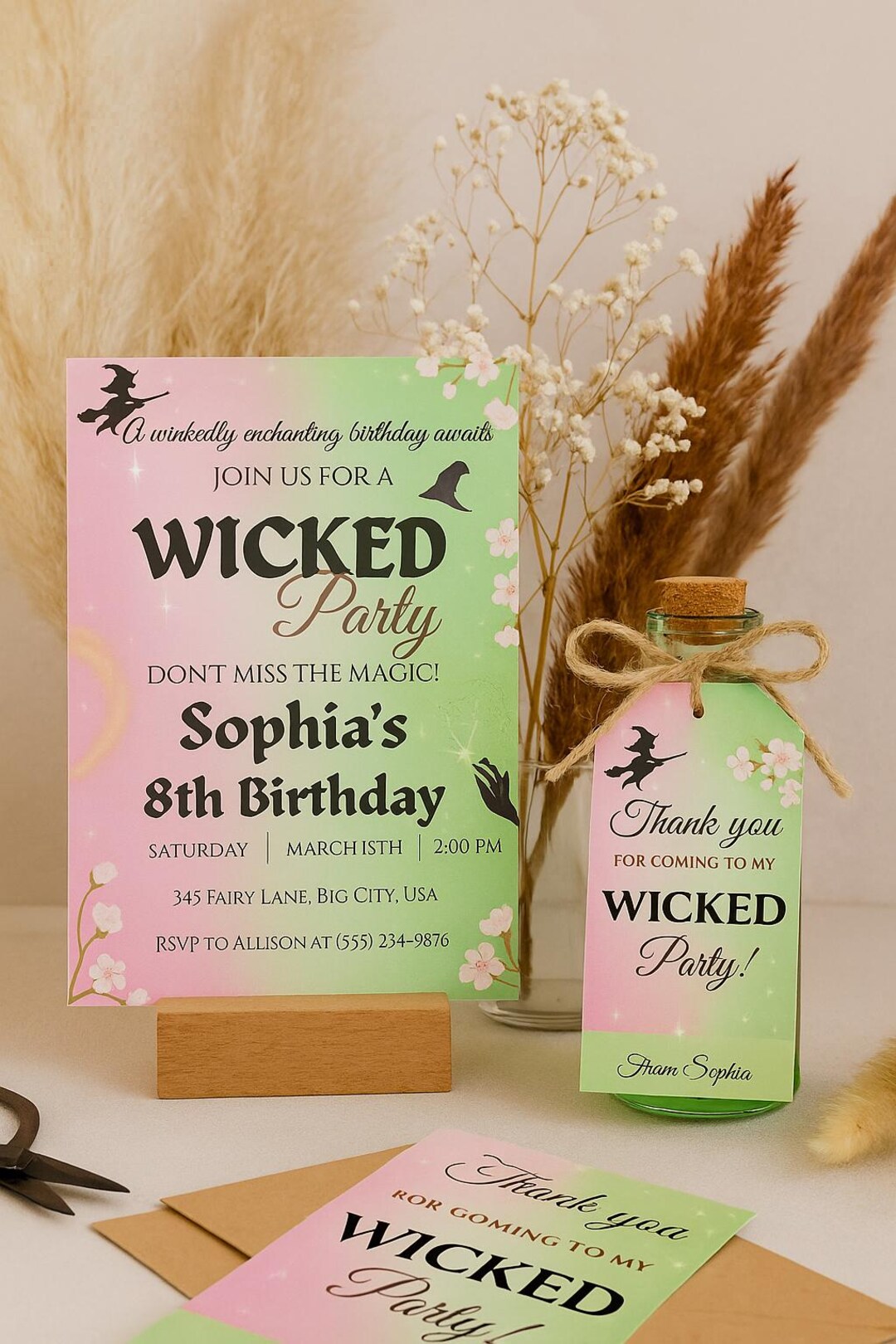 Wicked Birthday Invitation & Thank You Tag – Editable Canva Template ...