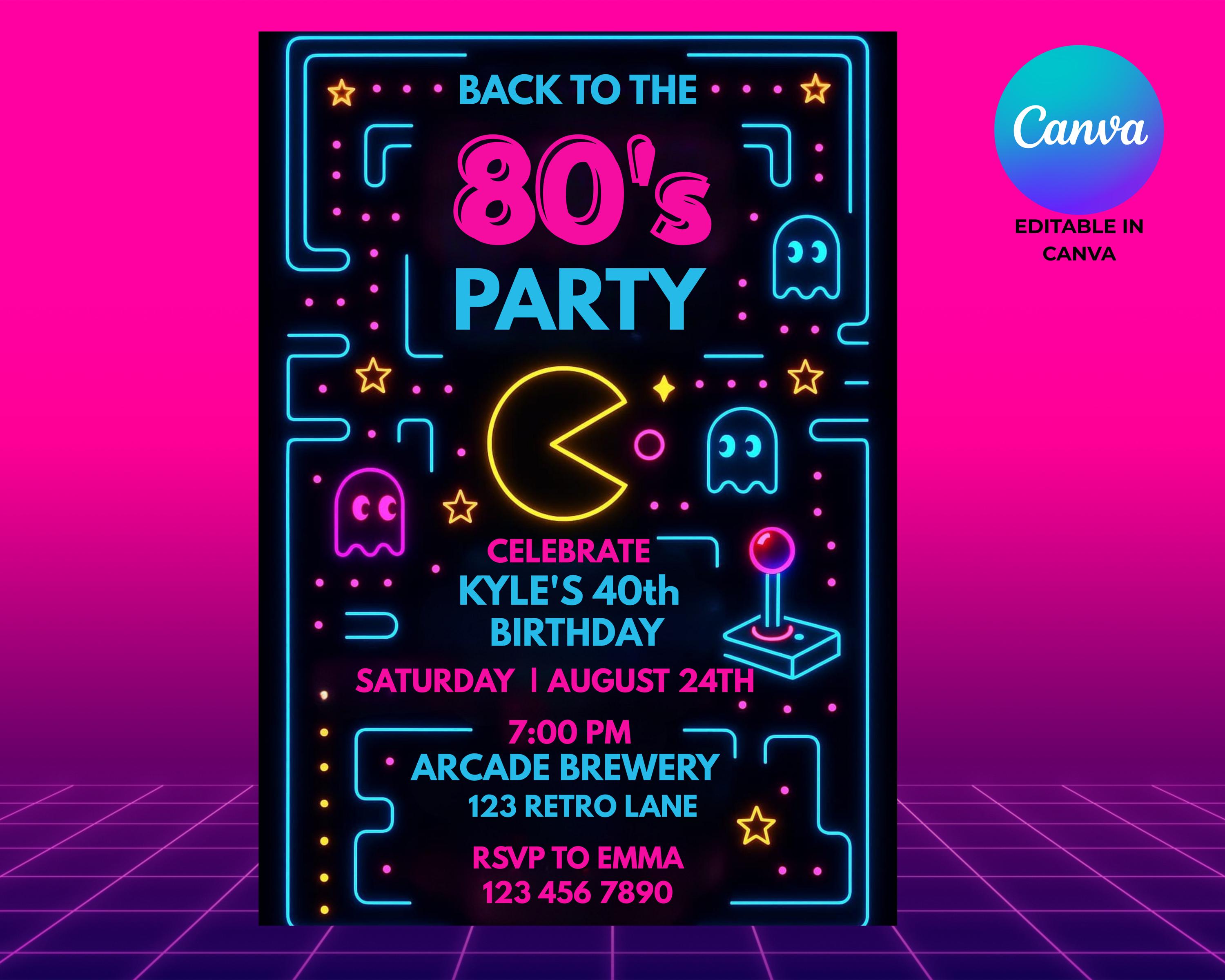 80s Party Invitation Retro Arcade Pacman Theme | Editable 5x7 Canva ...