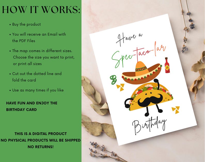 Funny Taco Birthday Card |fiesta Nacho Theme | Printable Digital ...
