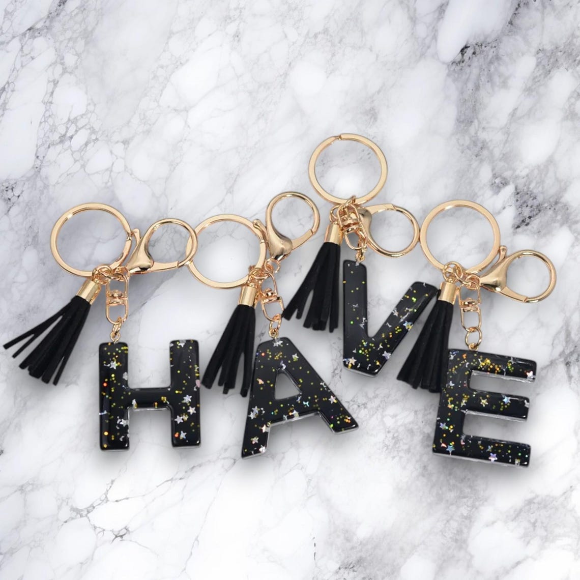 Custom Black Alphabet Keychain With Tassel – Shiny Stars Sequins Resin ...