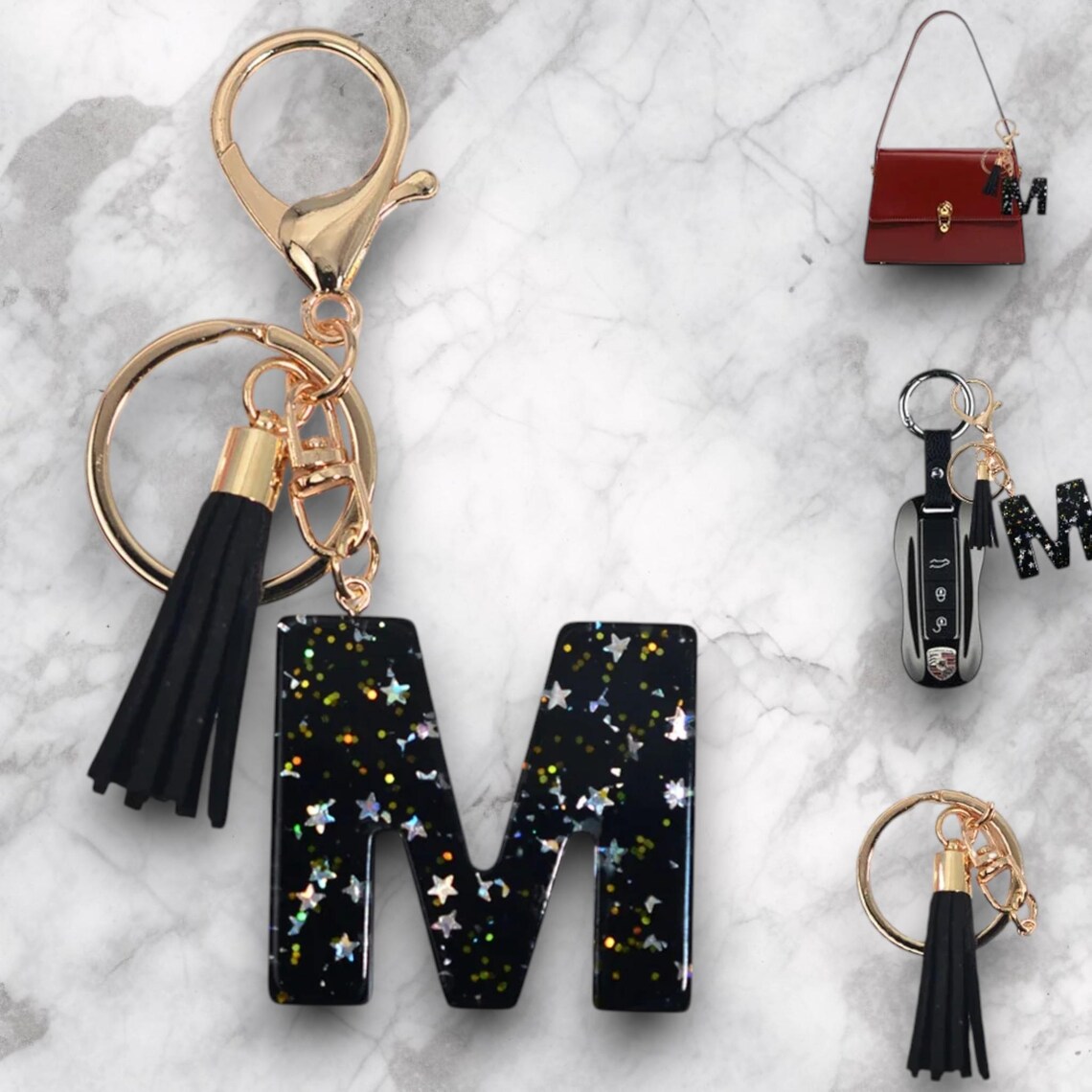 Custom Black Alphabet Keychain With Tassel – Shiny Stars Sequins Resin ...
