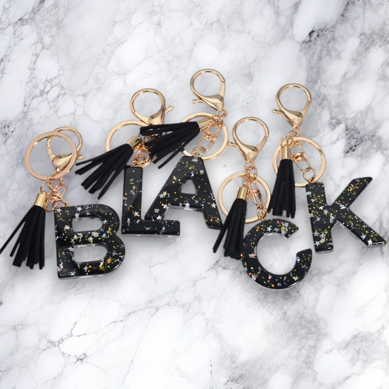 Custom Black Alphabet Keychain With Tassel – Shiny Stars Sequins Resin ...