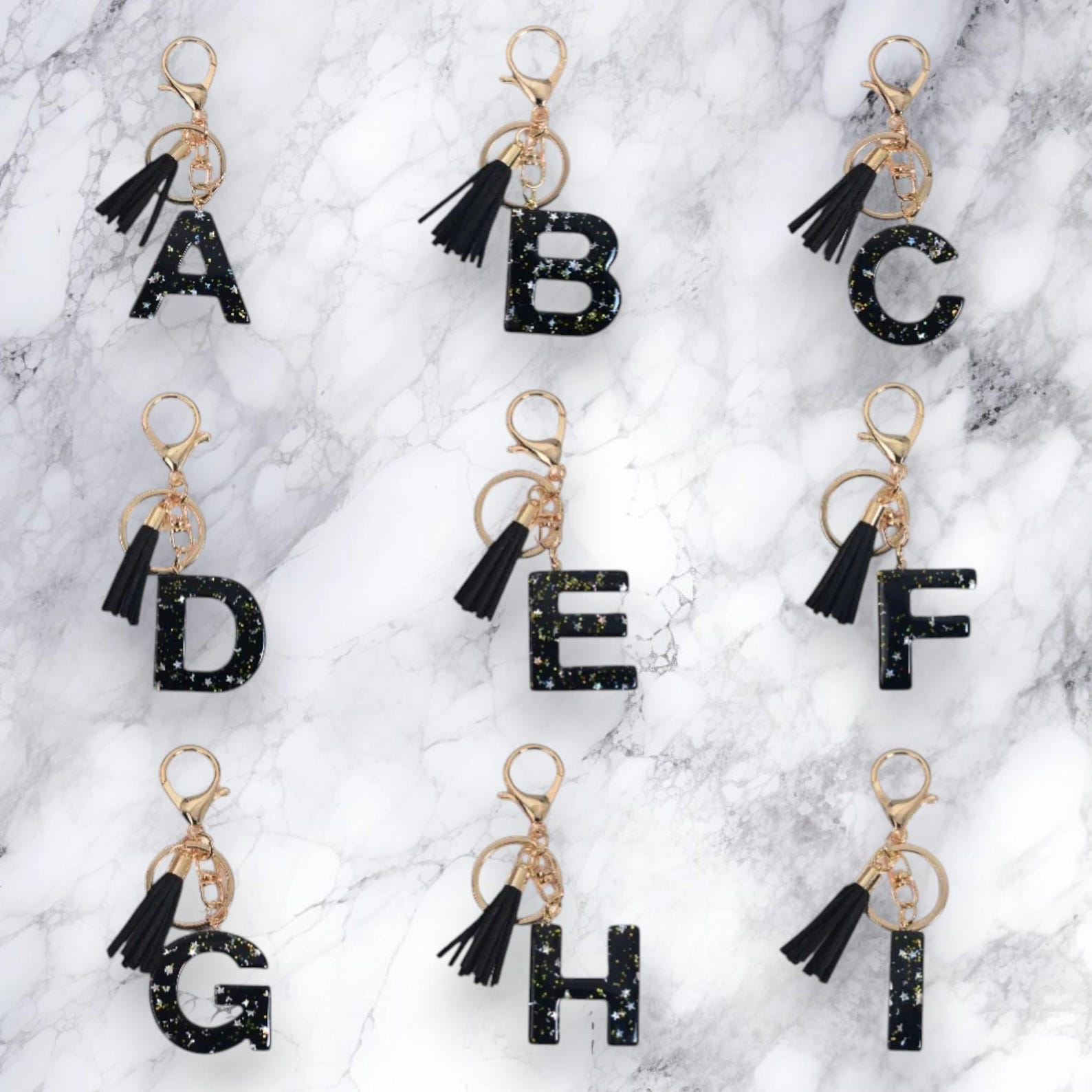 Custom Black Alphabet Keychain With Tassel – Shiny Stars Sequins Resin ...