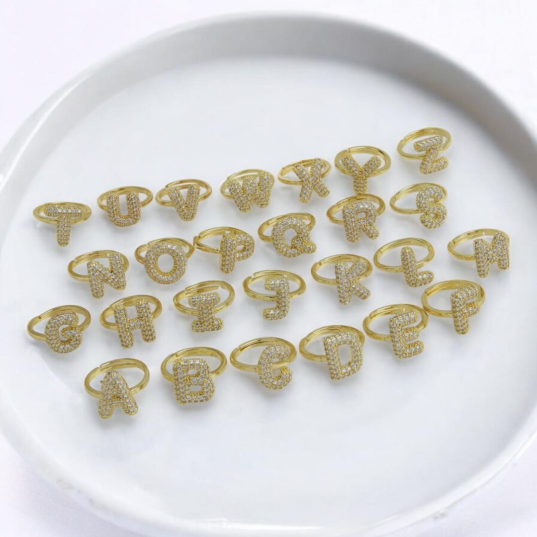 Gold Initial Bubble Letter Ring: Adjustable Zircon A-Z Ring - Etsy
