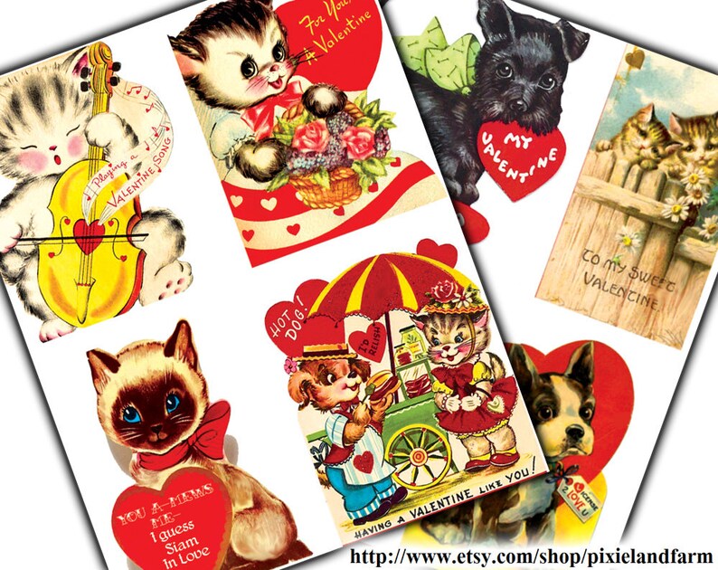 Cat Kitten and Puppy Valentine Vintage Printable Digital Download - Etsy