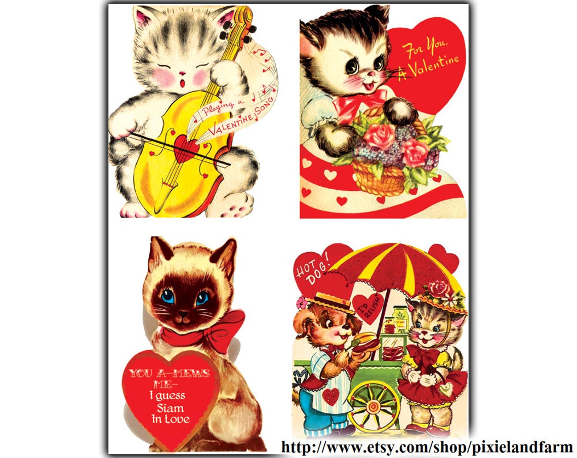 Cat Kitten and Puppy Valentine Vintage Printable Digital Download - Etsy