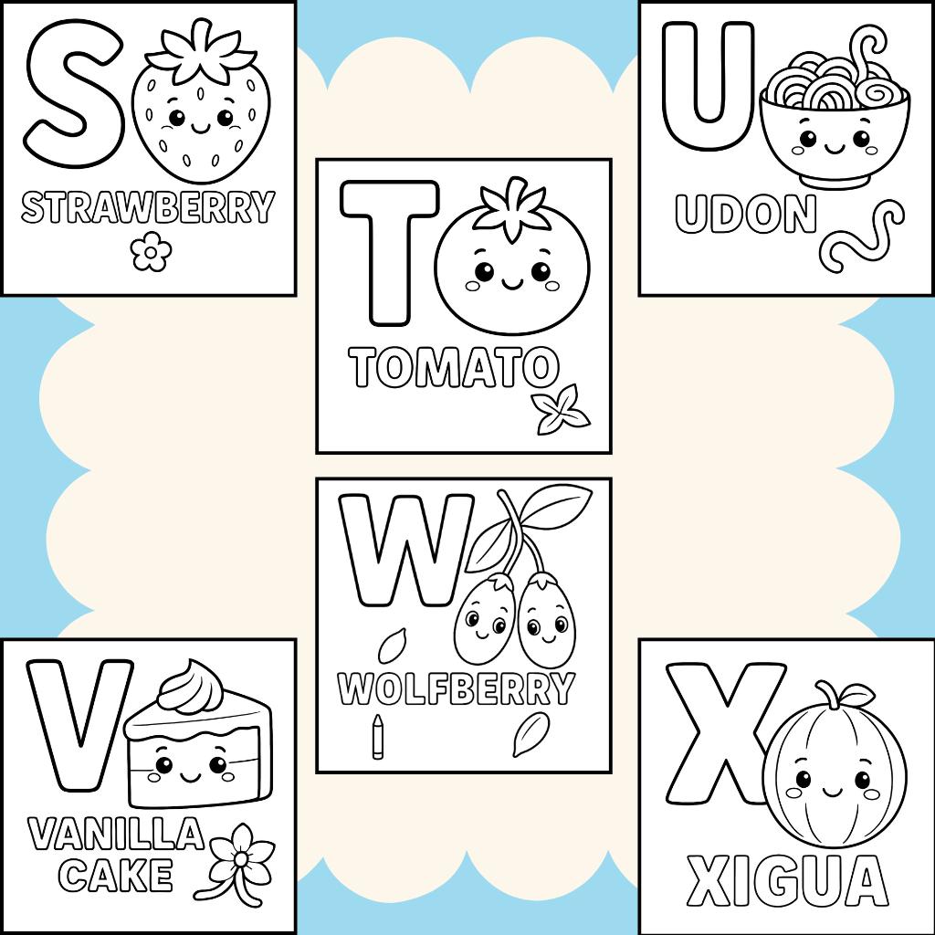 A-Z Cute Food Alphabet Coloring Book | Printable PDF for Kids ...