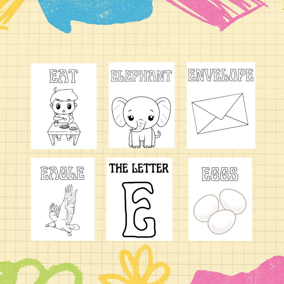 6 Coloring Pages, the Letter E, Interactive Learning for Kids - Etsy