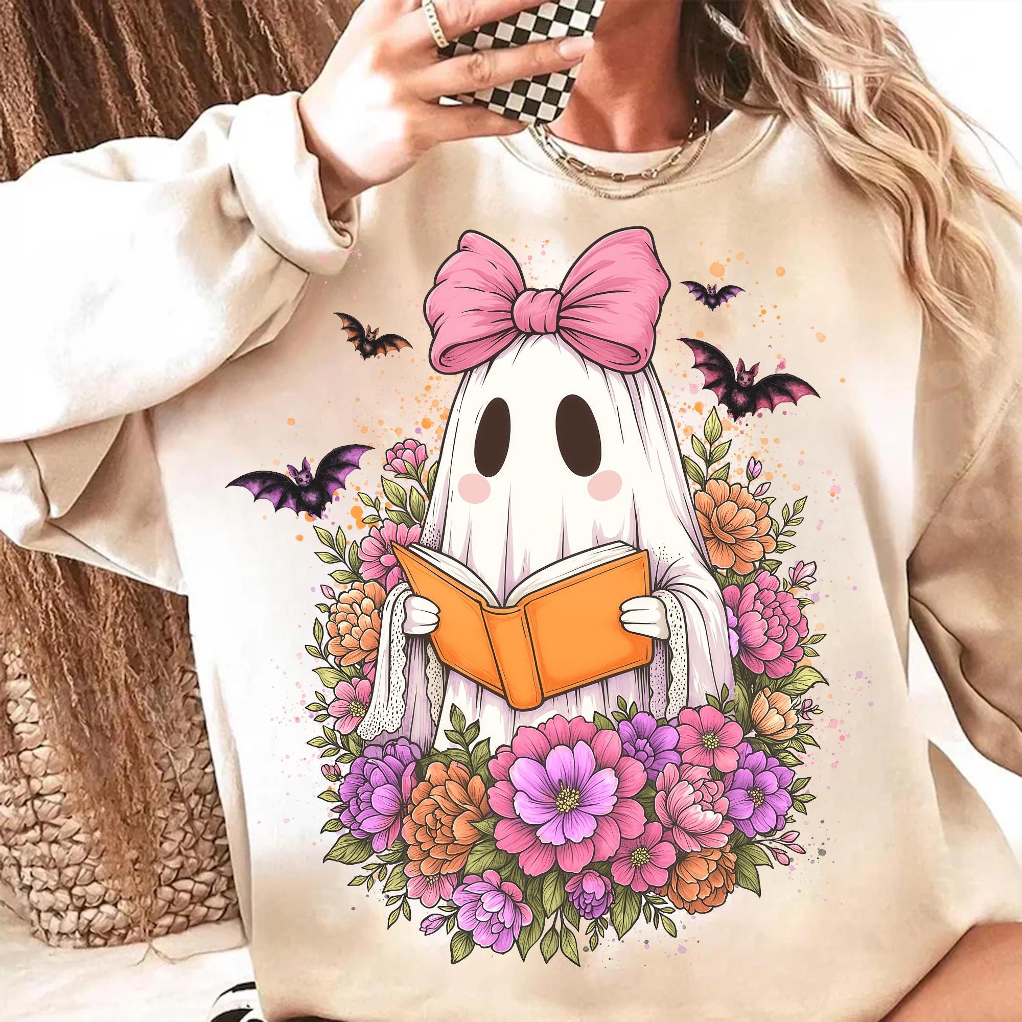 Cute Ghost Reading Book Png, Floral Halloween Sublimation, Pastel ...