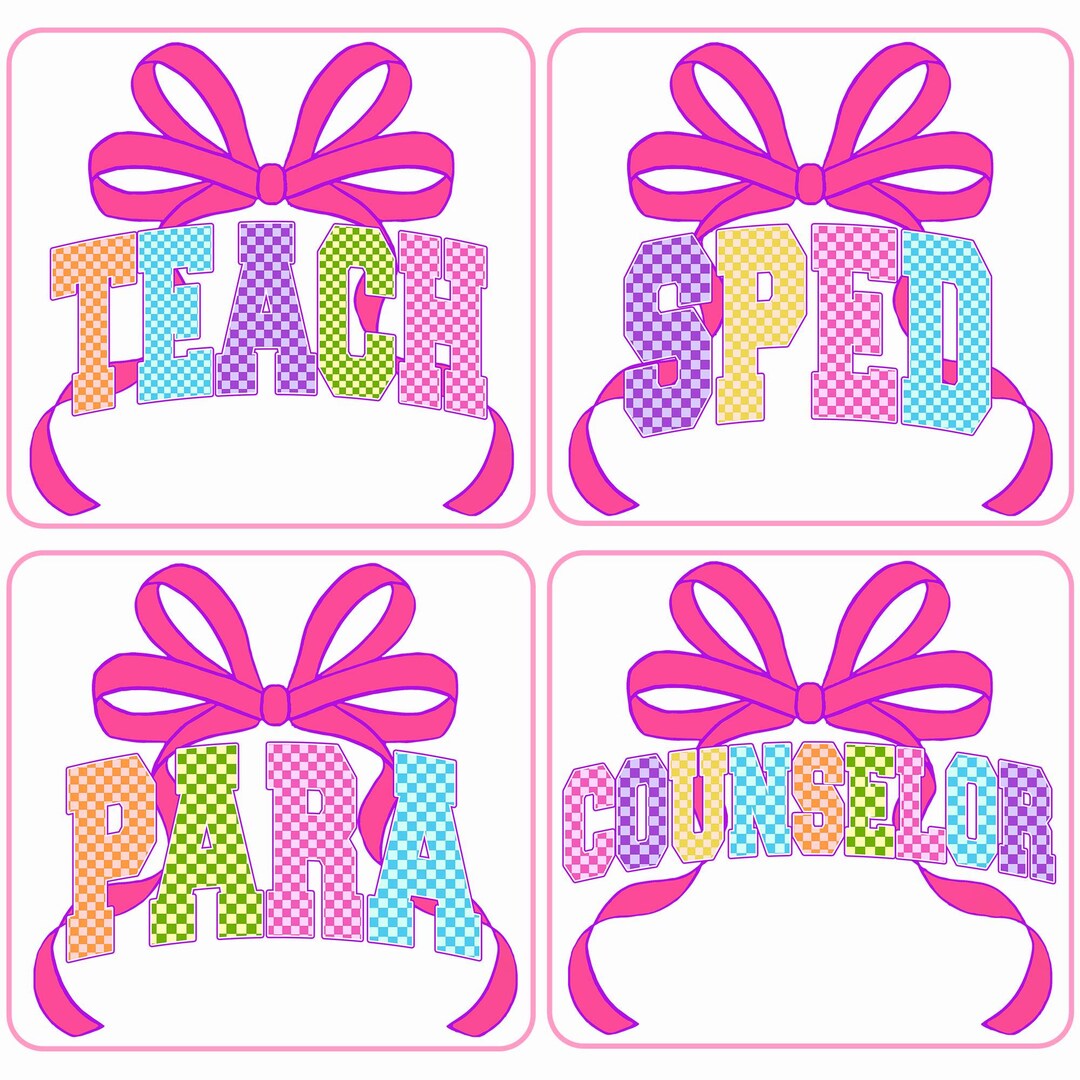 Teacher Pink Bow PNG Bundle, Teach Para SPED Counselor Retro Checkered ...