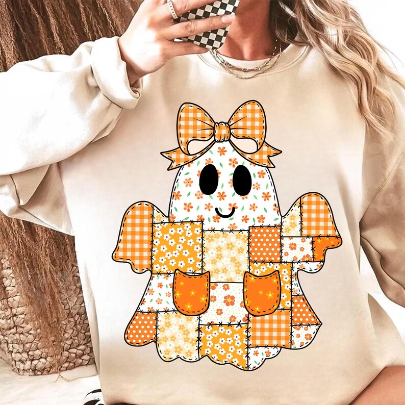 Preppy Patchwork Ghost Png, Halloween Ghost With Bow Png, Autumn Spooky ...