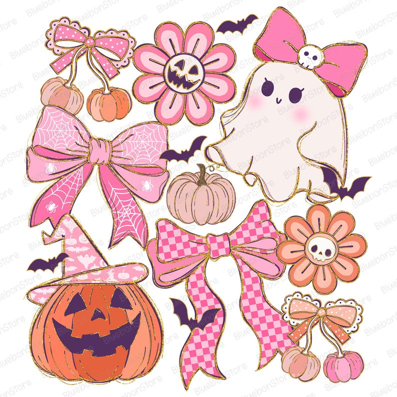 Pink Halloween PNG, Ghost With Bow Sublimation, Kawaii Pumpkin Clipart ...