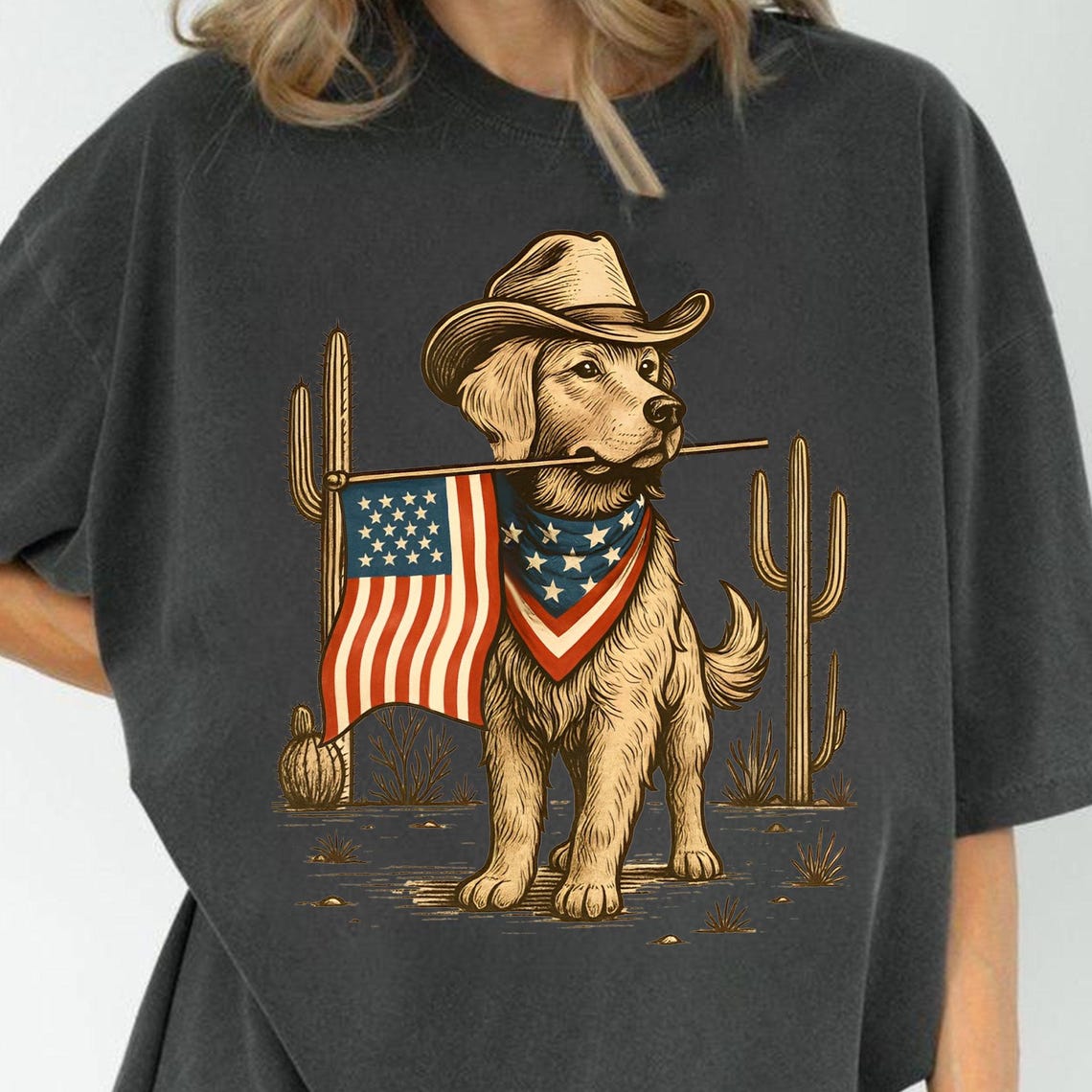 Patriotic Cowboy Dog PNG, Vintage Western Dog With American Flag ...