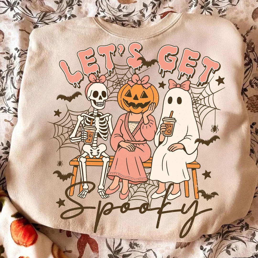 Let's Get Spooky Png, Spooky Halloween Friends Png, Ghost and Pumpkin ...