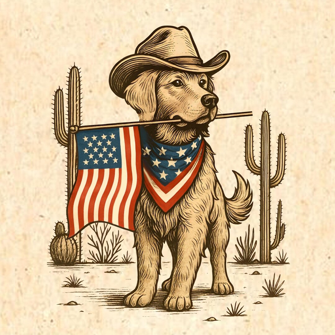 Patriotic Cowboy Dog PNG, Vintage Western Dog With American Flag ...