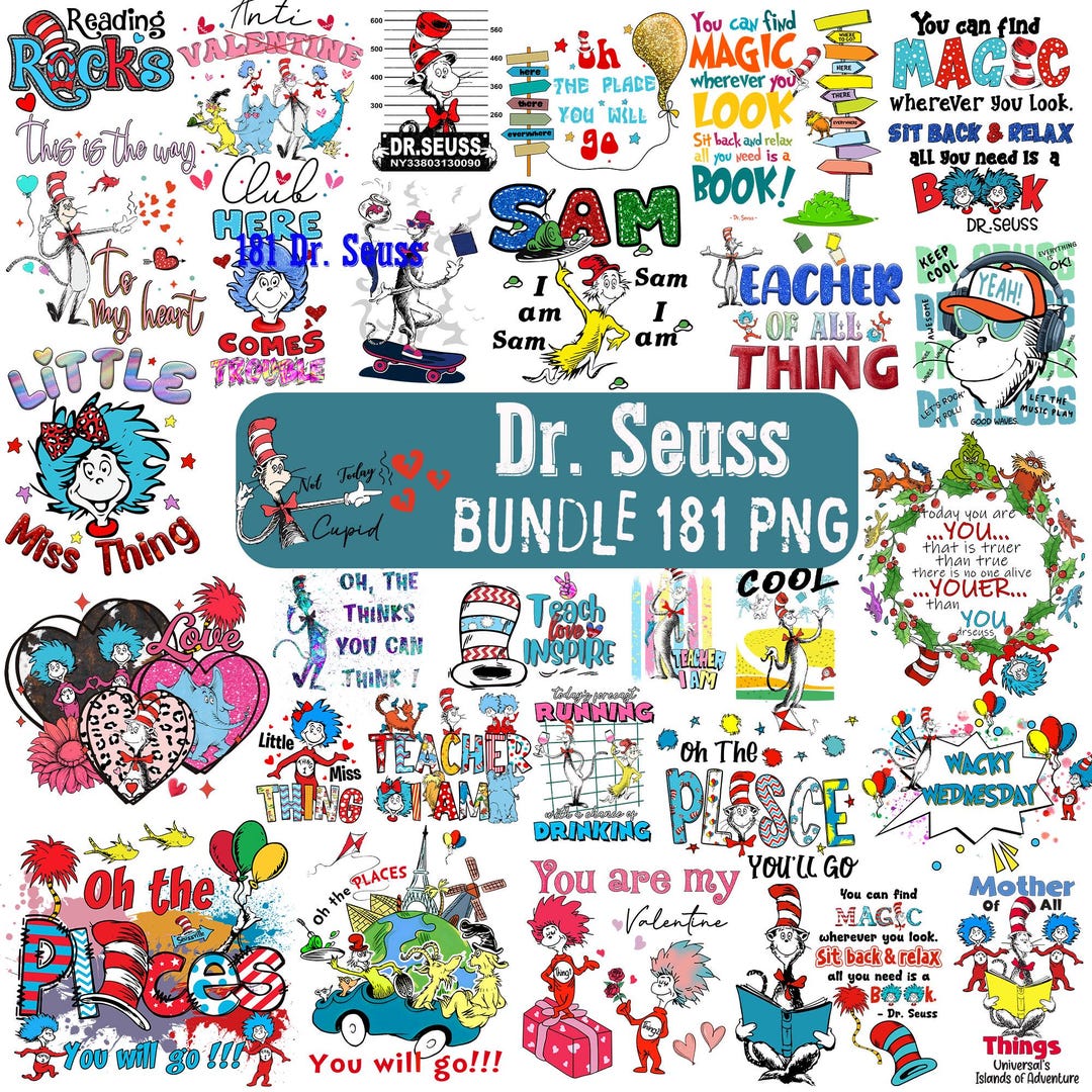 181 Files Dr Seus Day PNG Bundle, Cat Hat Characters Clipart, Dr Seus ...
