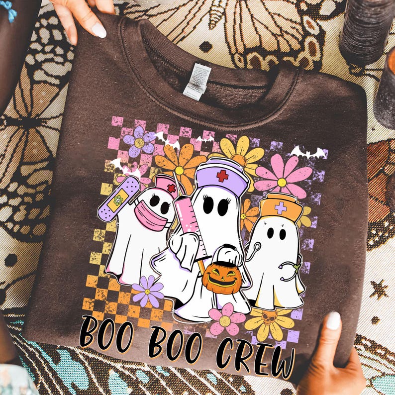 Retro Boo Boo Crew Png, Retro Nurse Ghost Sublimation Design, Flowers ...