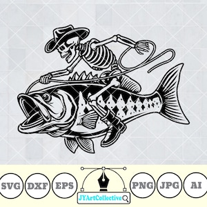 Skeleton Riding a Bassfish Svg | Fisherman Riding Fish Skeleton Svg ...