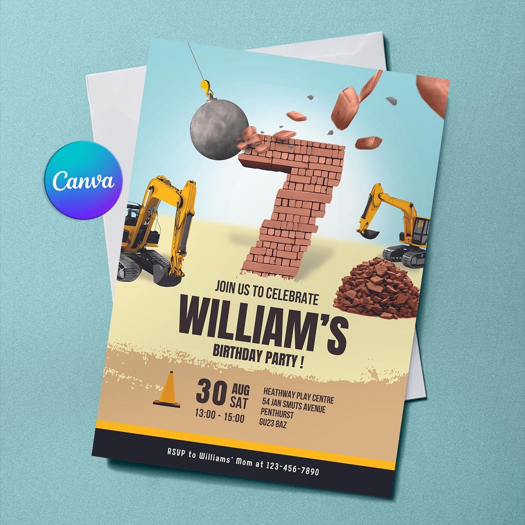 Construction 7th Birthday Invitation - Printable Party Invite ...