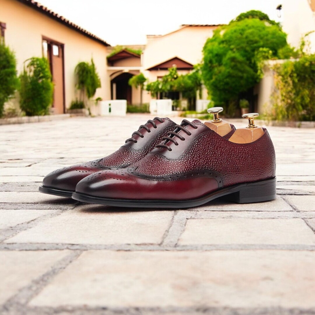 Handcrafted Burgundy Brogue Leather Dress Shoes for Men - Formal Oxford ...