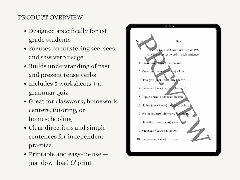 1st Grade Grammar Worksheets | See Sees Saw Verbs & Quiz (PDF Pattern ...